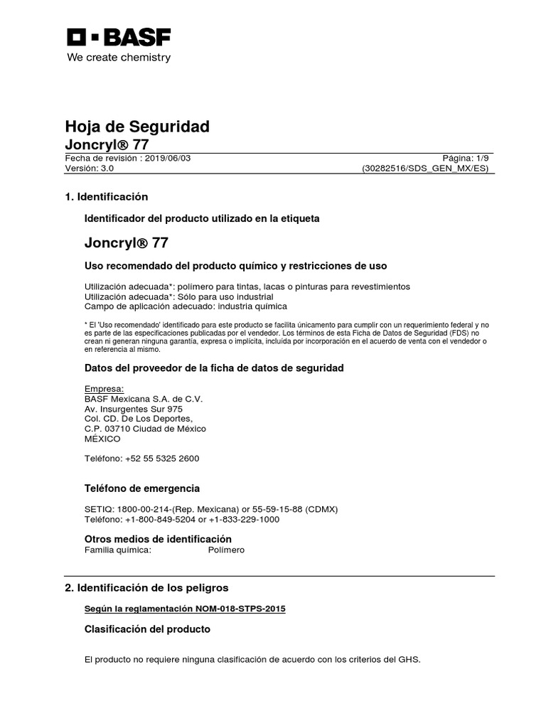 Joncryl® 77 Sds Es MX | PDF | Solvente | Toxicidad