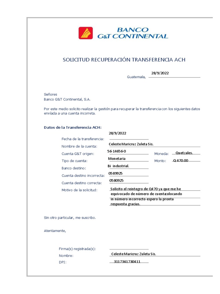 Solicitud Recuperación Transferencia Ach | PDF