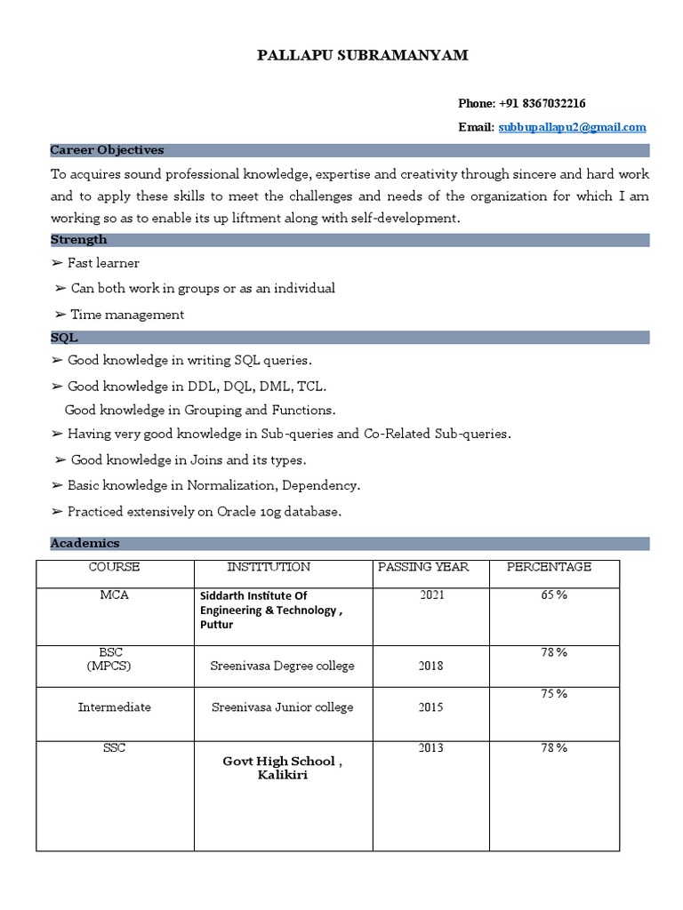 P.subramanyam Fresher Resume | PDF | Sql | Databases