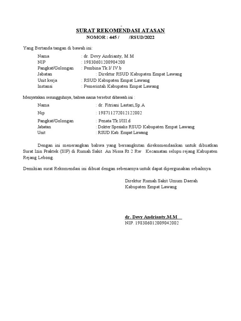 Surat Rekomendasi Atasan Sip | PDF