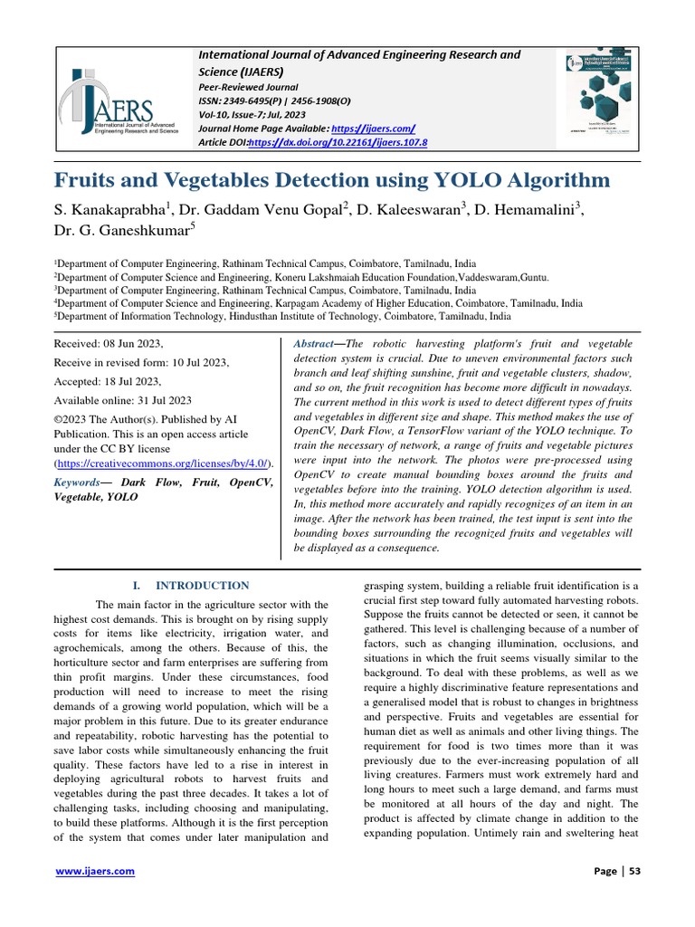 Fruits and Vegetables Detection Using YOLO Algorithm | PDF | Deep Learning | Image Segmentation