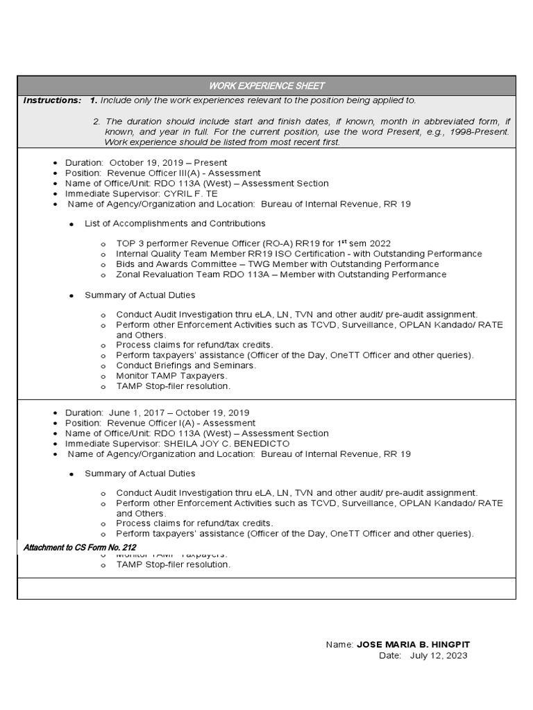 Work Experience Attachment To Pds - Joma | PDF | Money | United States Law