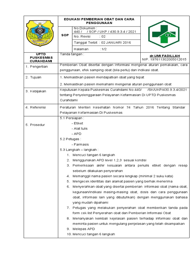 3.10 13. SOP Edukasi Pemberian Obat Dan Cara Penggunaan + Daftar Tilik (FIX2) | PDF