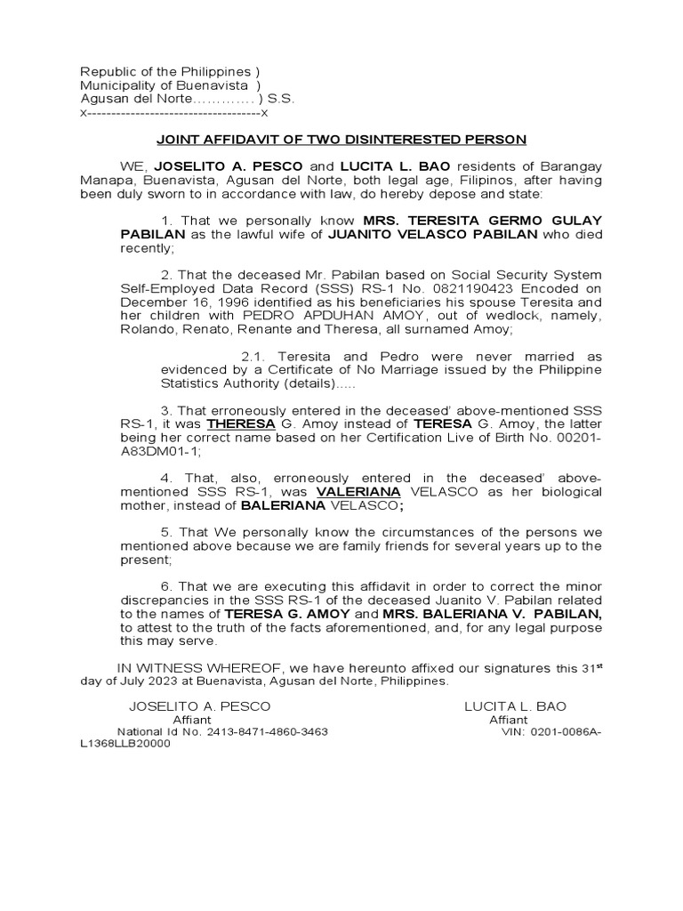 Joint Affidavit for SSS Corrections | PDF