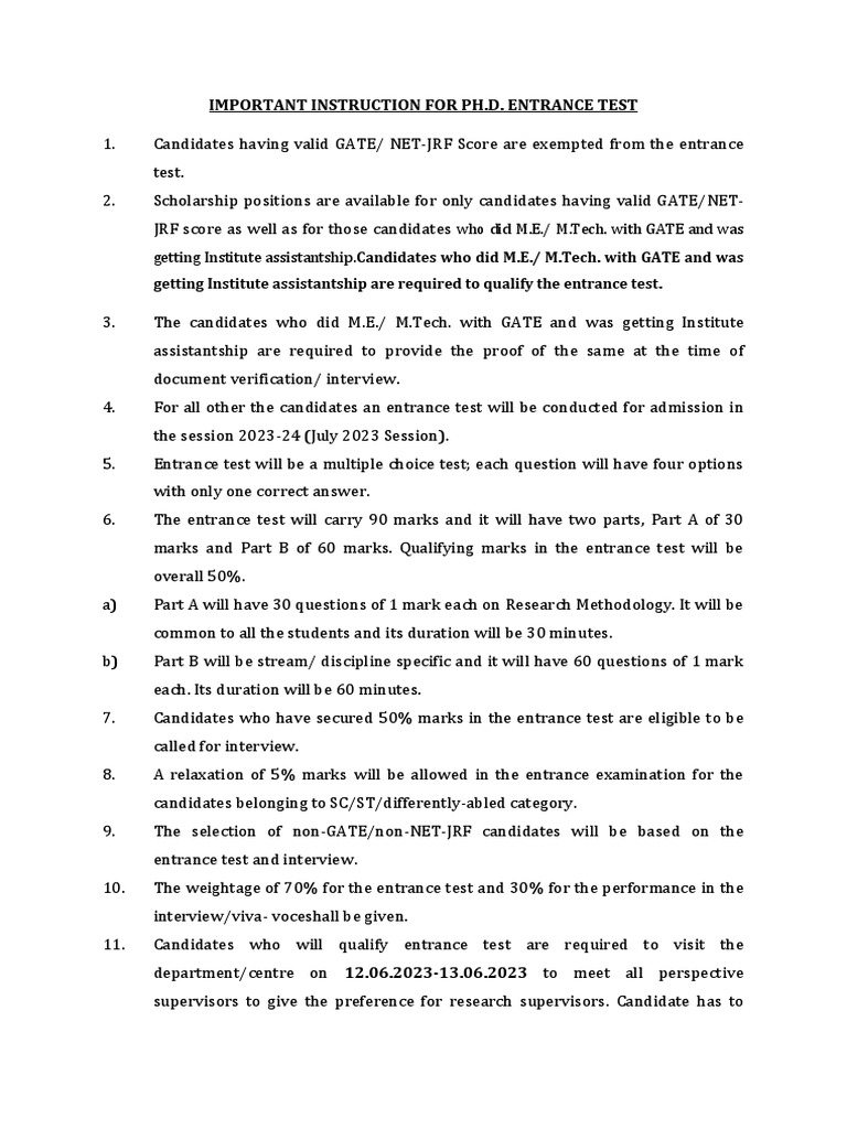 Instructions Ph.D. Entrance Test | PDF | Standardized Tests | Tests