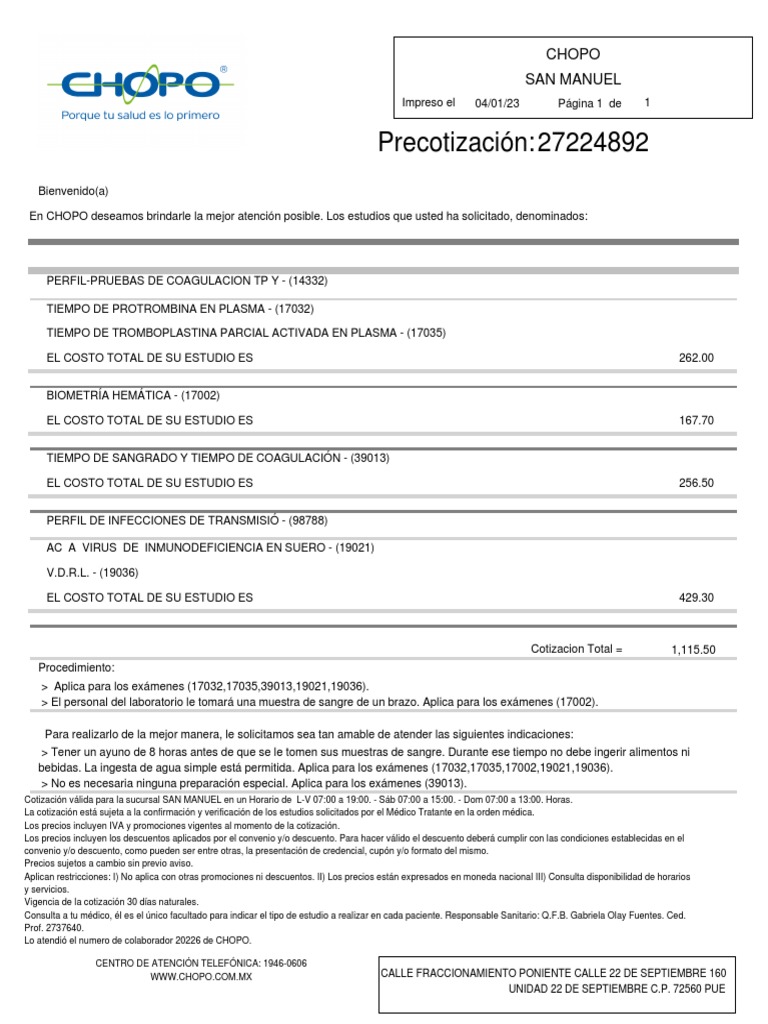 Precotización:: San Manuel Chopo | PDF | Sangre | Medicina
