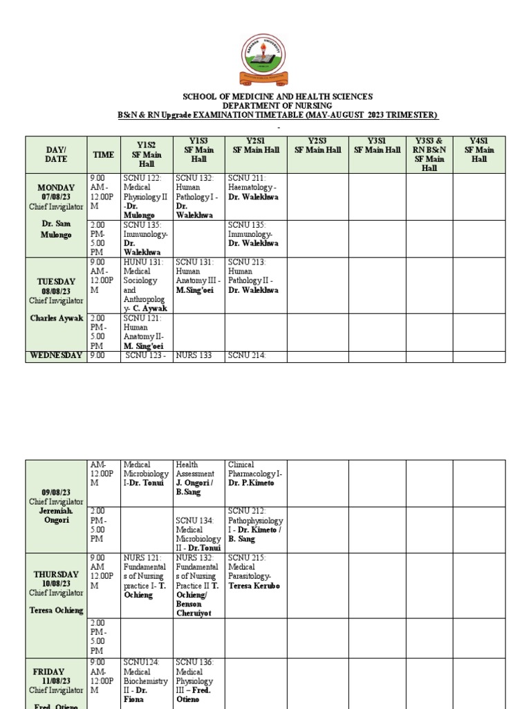 MAY-AUGUST 2023 TRIMESTER BSCN EXAMINATION TIMETABLE FINAL | PDF