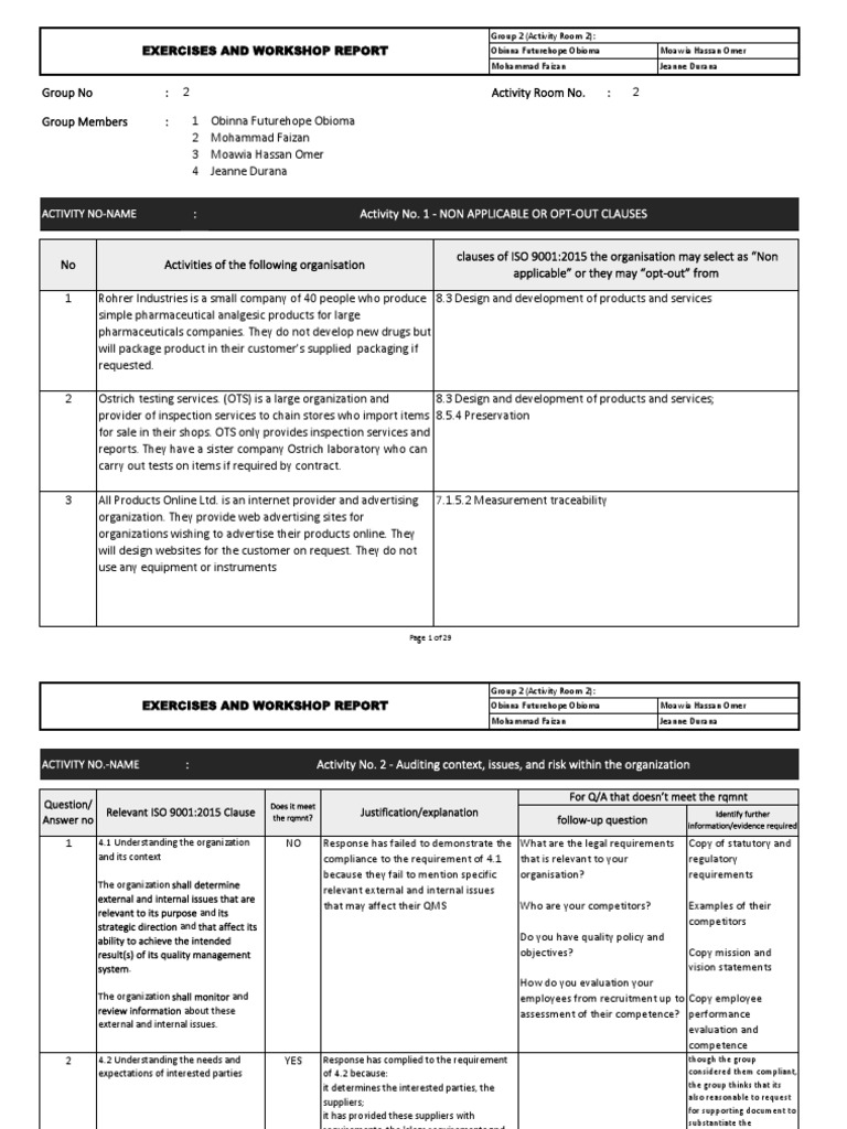 Group2 - ISO 9001 Exercise and Workshop | PDF | Quality Management ...