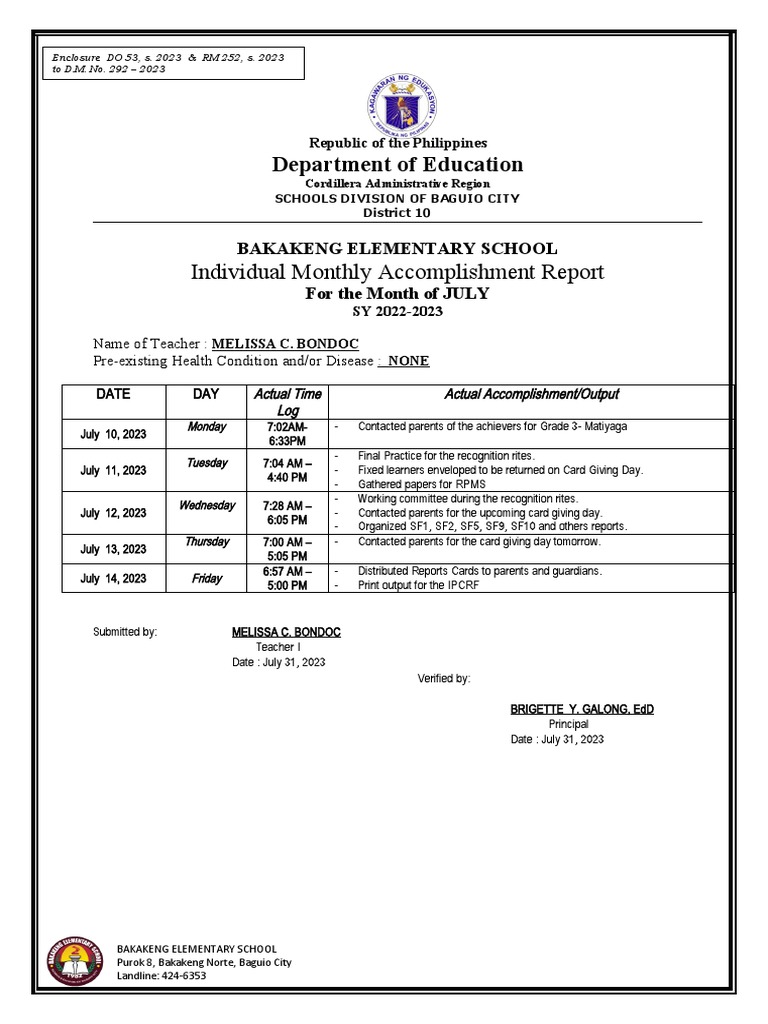 Template For Accomplishment Report For DTR July 10-14-2023 | PDF