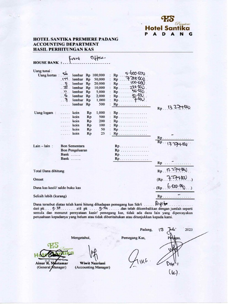 Cash Opname Front Office - 18 Juli 2023 | PDF