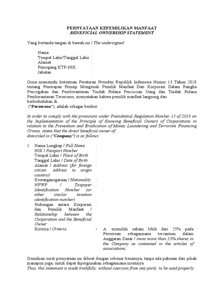 Pernyataan Pemilik Manfaat - Beneficial Ownership Statement | PDF