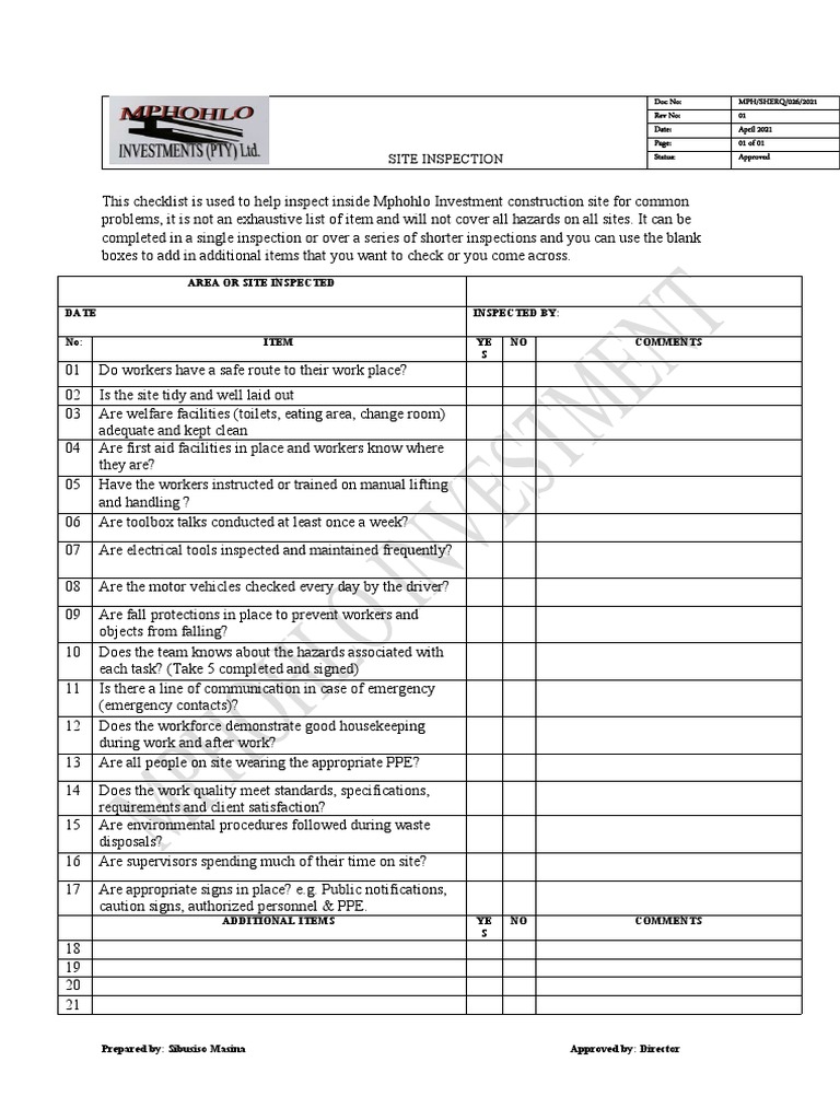 26 (MPH) Site Inspection Checklist | PDF | Personal Protective ...