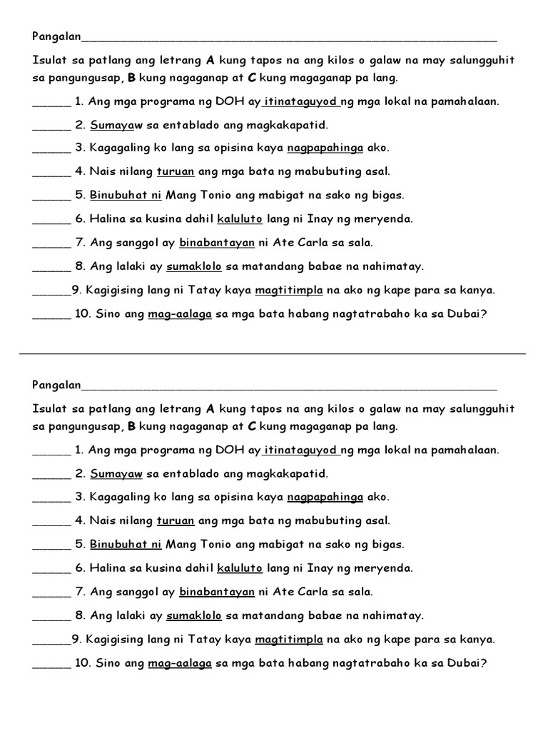Aspekto NG Pandiwa Worksheet | PDF
