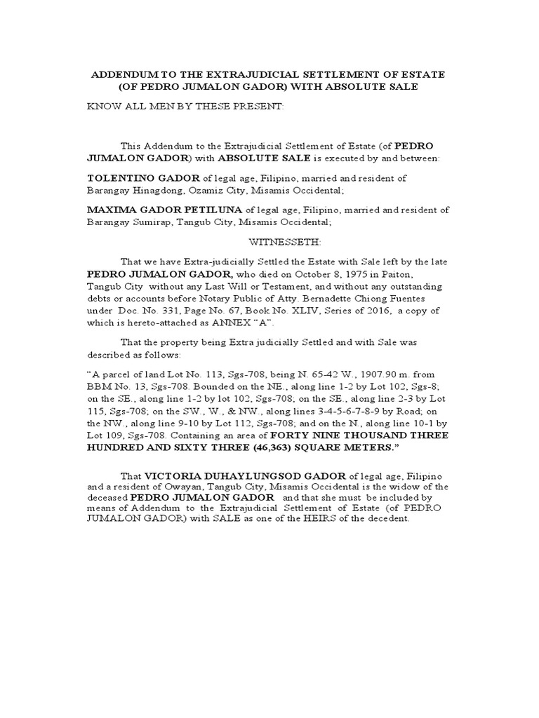 Addendum To The Extrajudicial Settlement of Estate | PDF | Document ...