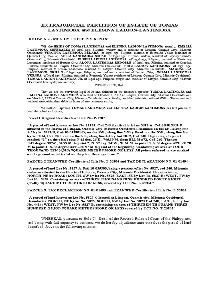 Extrajudicial Partition of Estate Lastimosa | PDF | Property Law ...