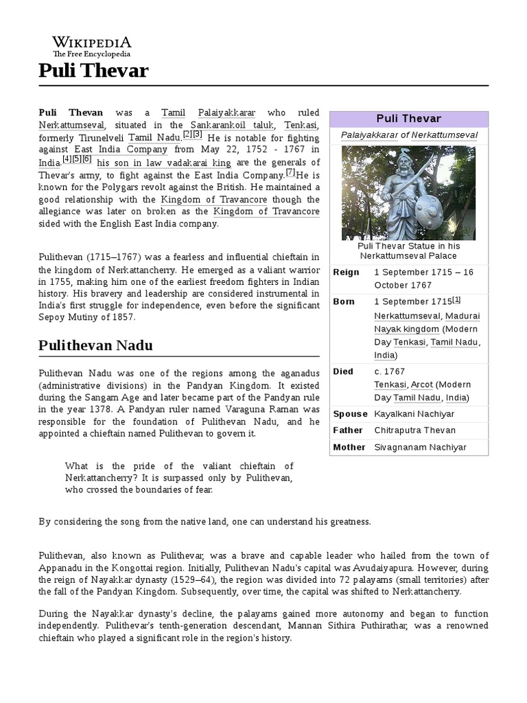 Puli Thevar | PDF | Tamil Nadu | Tamils