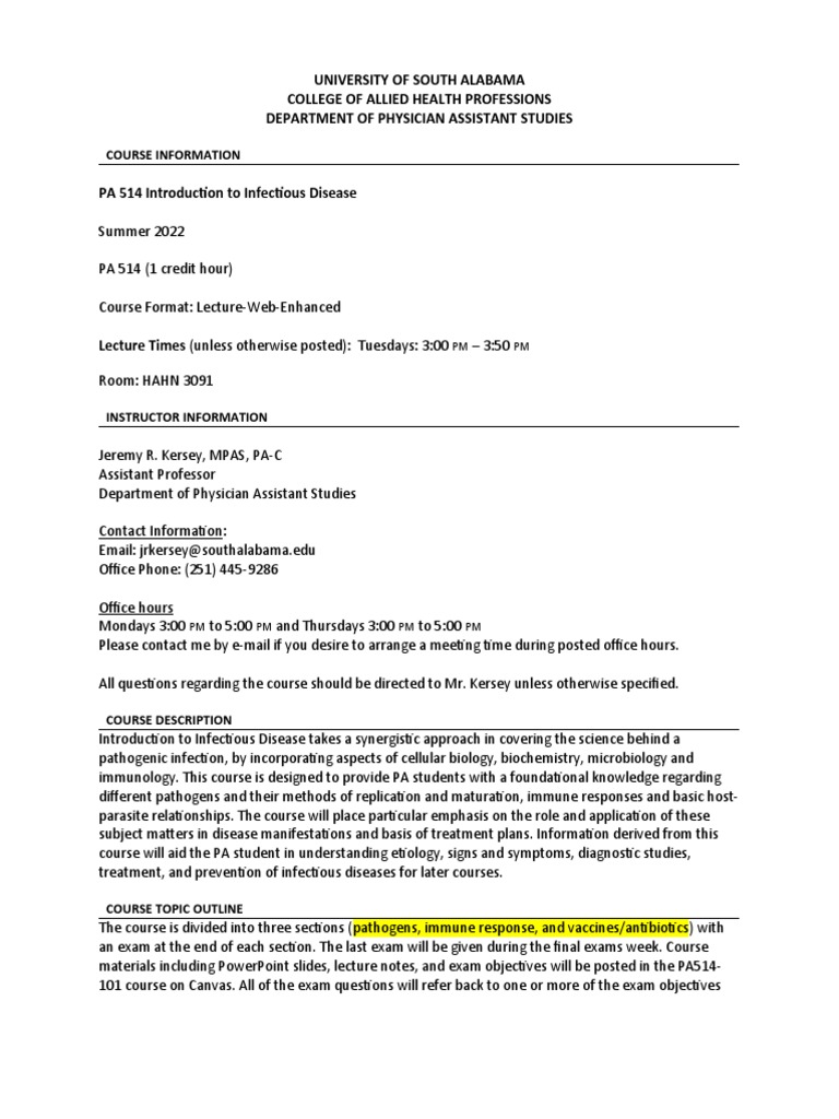 PA 514: Intro to Infectious Disease Course | PDF | Infection | Pathogen