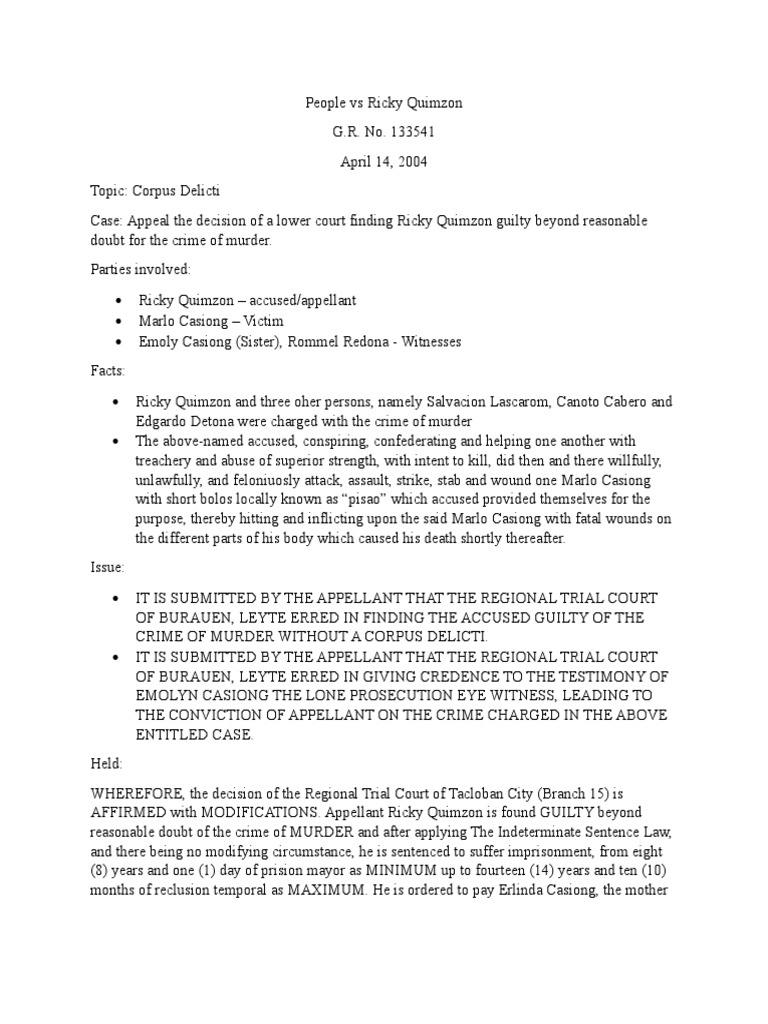 People Vs Ricky Quimzon G.R. No. 133541 | PDF | Murder | Crimes