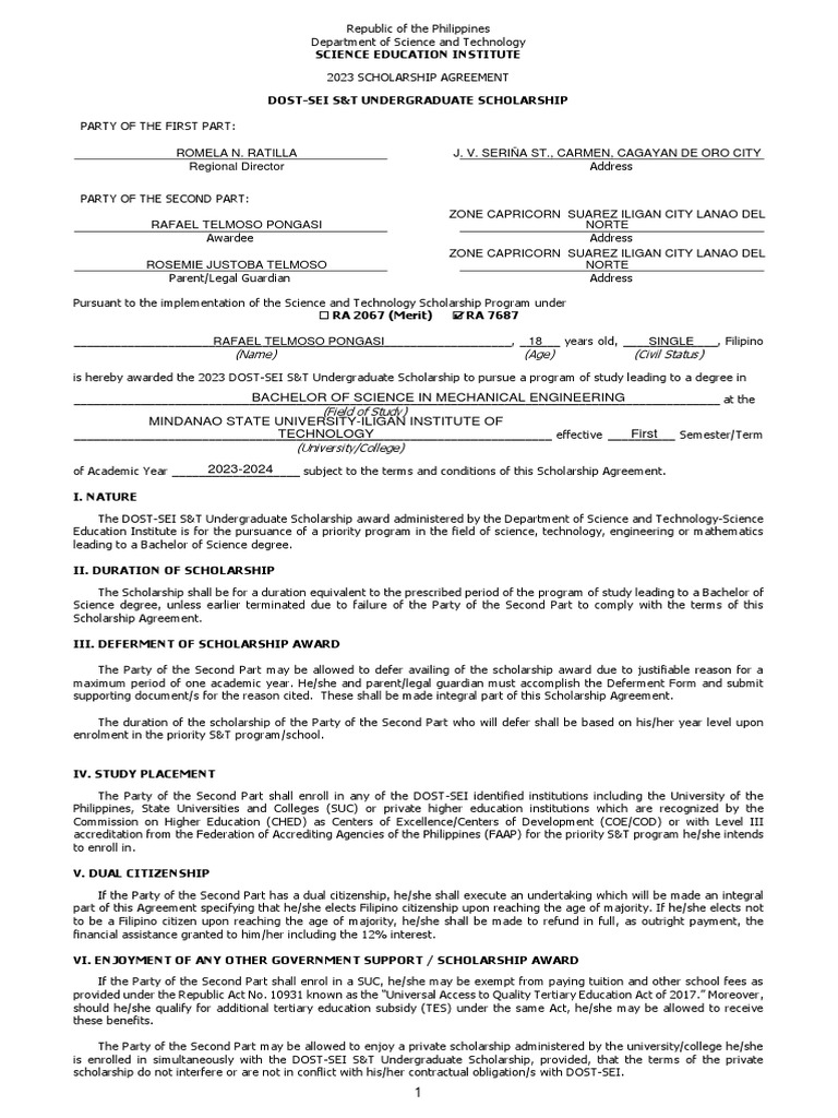 2023 DOST-SEI Undergraduate Scholarship Agreement | PDF | Finance ...