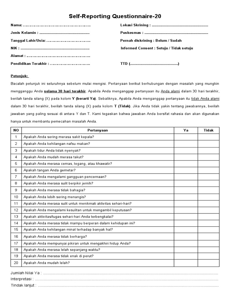 SRQ 20 Kuesioner Updated | PDF