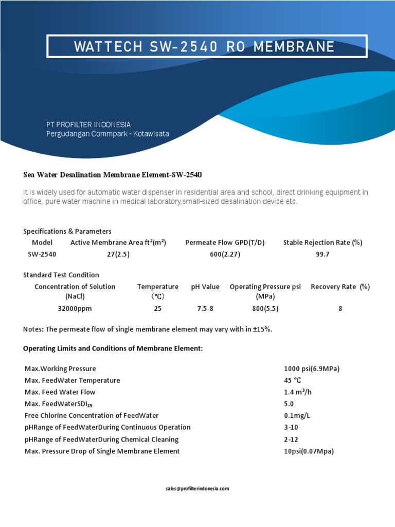 Wattech RO Membrane SW-2540 Datasheet | PDF