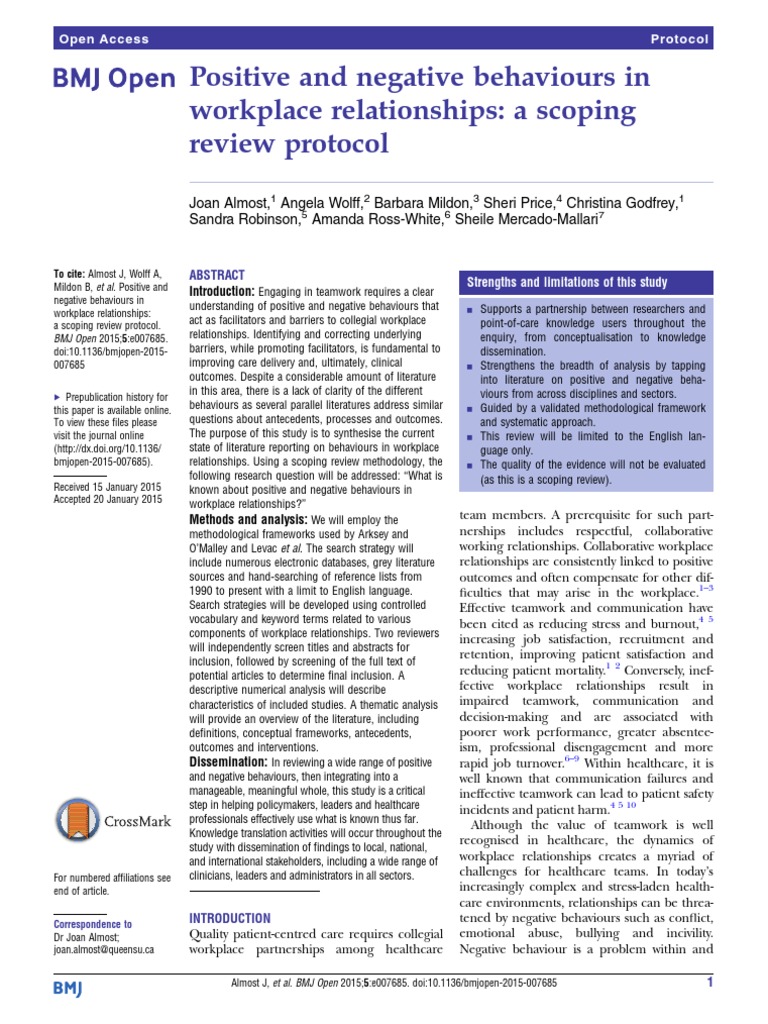 Positive and Negative Behaviours in Workplace Relationships A Scoping Review Protocol | PDF