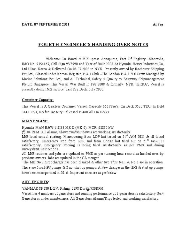 4e - Handing Over Notes | PDF | Fuel Oil | Boiler