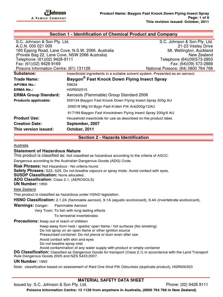 [SDS] Baygon Fast Knock Down Flying Insect Spray | PDF | Firefighter | Dangerous Goods