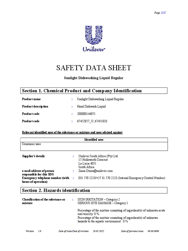 (SDS) Sunlight-Dishwashing-Liquid-Sds-Sheet | PDF | Toxicity | Occupational Safety And Health