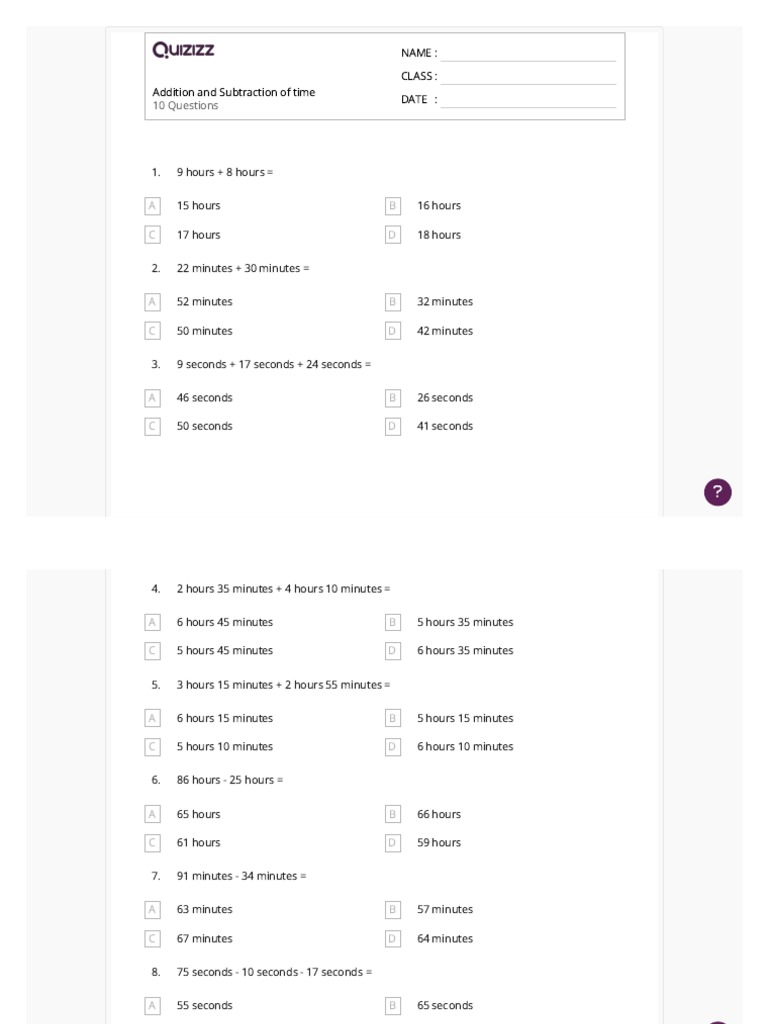 Addition and Subtraction of time | PDF