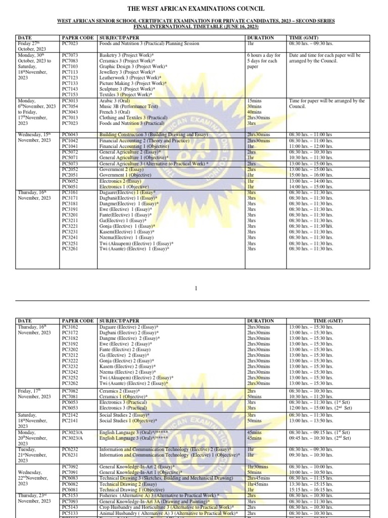 WAEC Private Candidates Exam Timetable | PDF