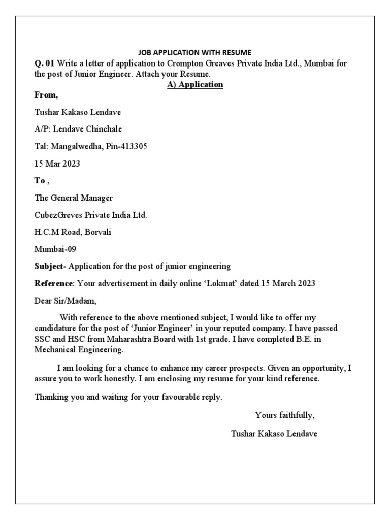 Q. 01 Write A Letter of Application To Crompton Greaves Private India ...