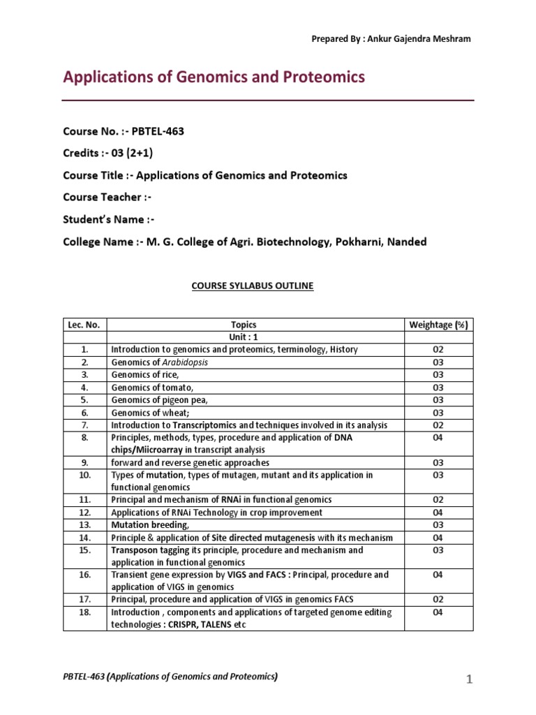6th Sem Applications of Genomics and Proteomics | PDF