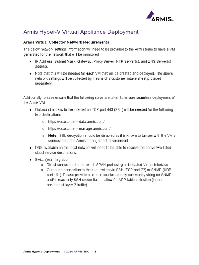 Armis Hyper V Virtual Appliance Configuration Guide Rev F Pdf Hyper V Computer Network