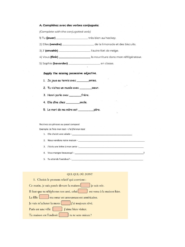 French A2 Worksheet | PDF