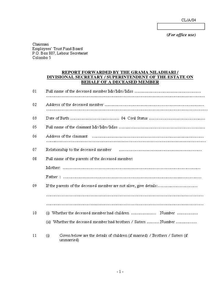 Claim Form for Deceased ETF Member | PDF | Probate | Common Law