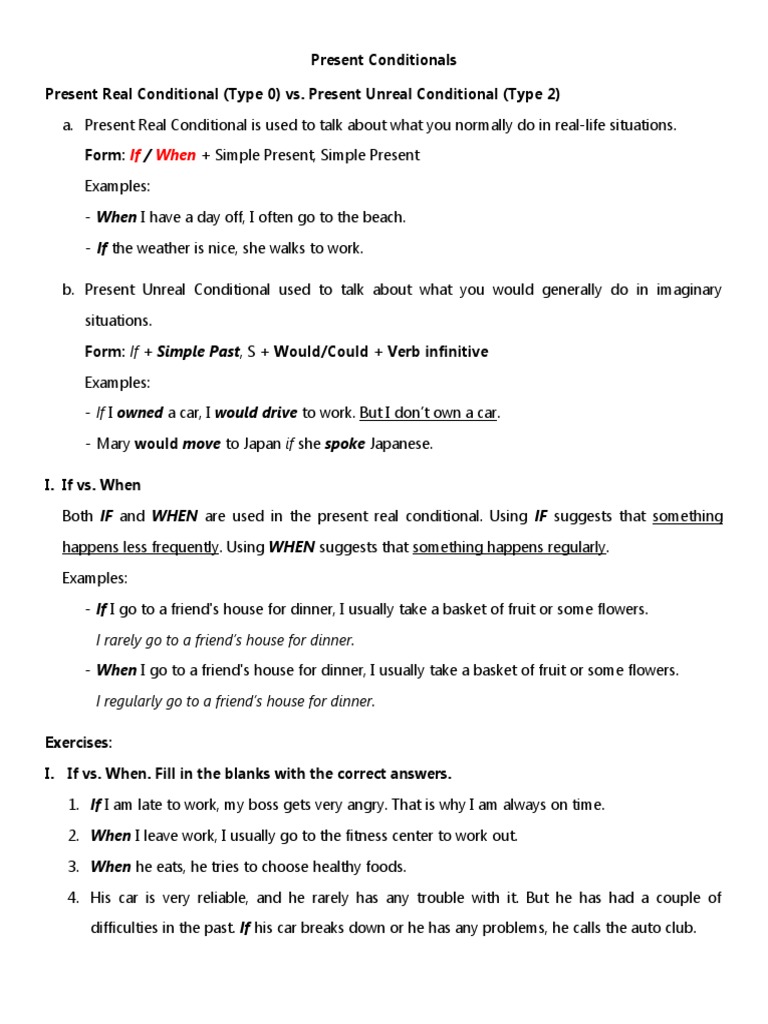 Present Conditionals Real Vs Unreal | PDF