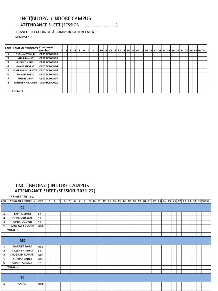 Attendance Register Format 2022-23 | PDF