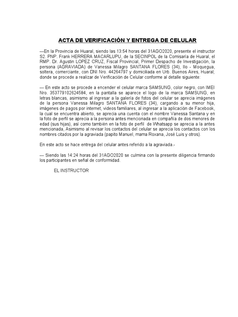 Acta de Deslacrado y Lectura de Teléfono Celular | PDF | Equipo de usuario de telecomunicaciones ...