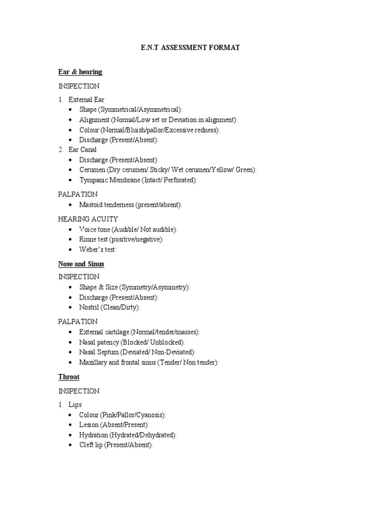 E.N.T Assessment Format - 023053 | PDF