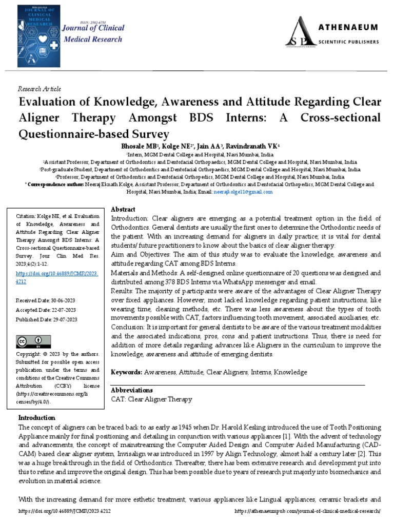 Evaluation of Knowledge Awareness and Attitude Regarding Clear Aligner ...