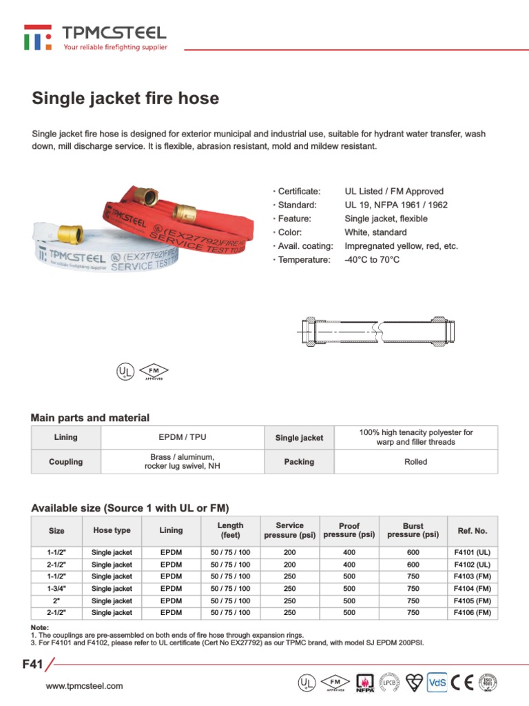 Single Jacket Fire Hose Specifications | PDF | Materials | Building ...