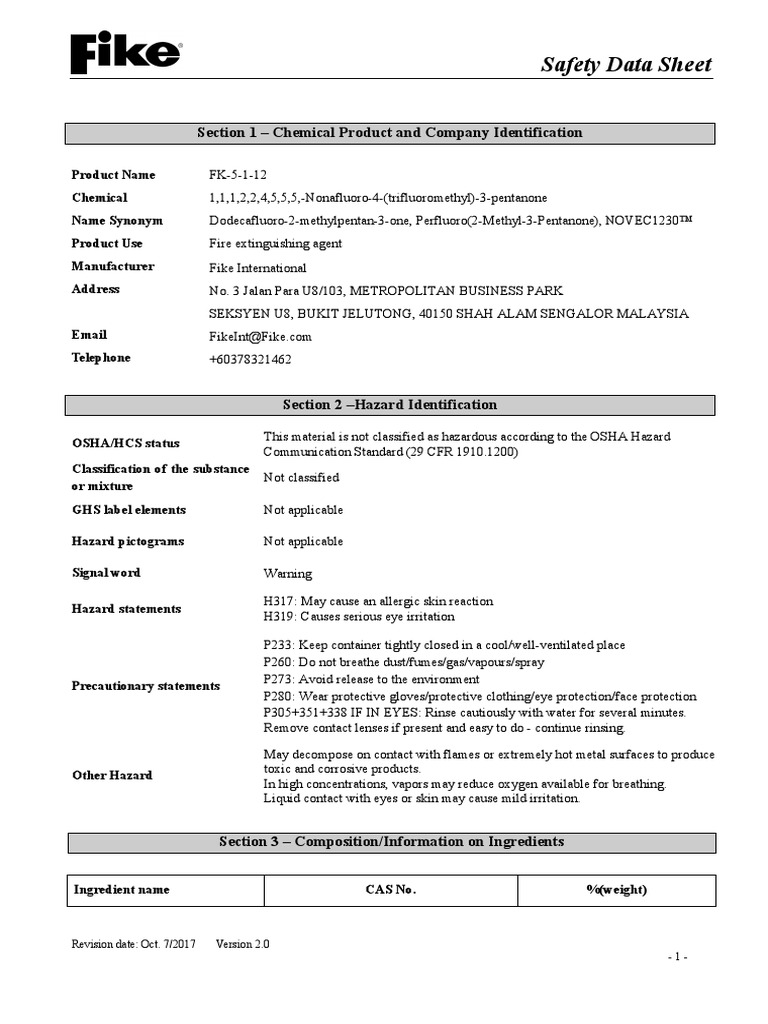 FK 5 1 12 - SDS | PDF | Firefighting | Personal Protective Equipment