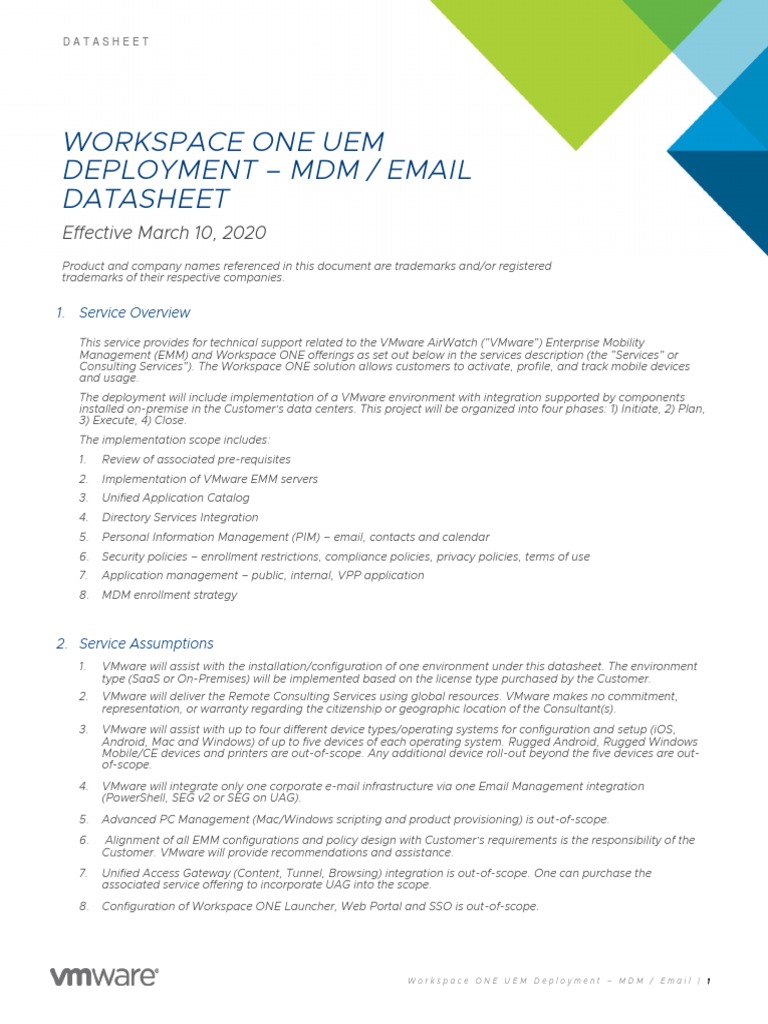 Workspace ONE UEM Deployment - MDM Email Datasheet | PDF | Microsoft Windows | V Mware