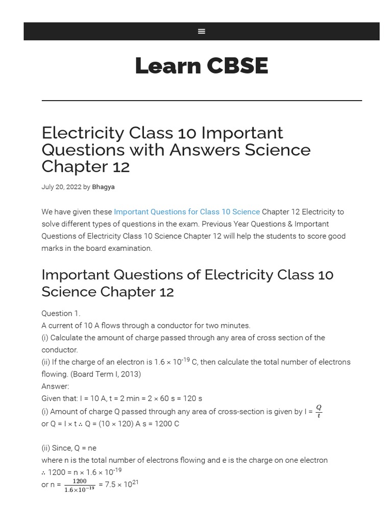WWW Learncbse in Electricity Chapter Wise Important Questions Class 10 ...