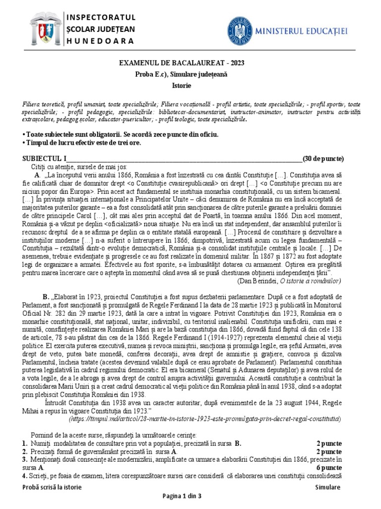 Istorie Bac Simulare Jud 2023 | PDF