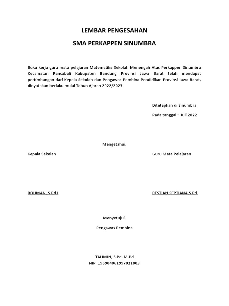 Lembar Pengesahan Buku Kerja Guru | PDF