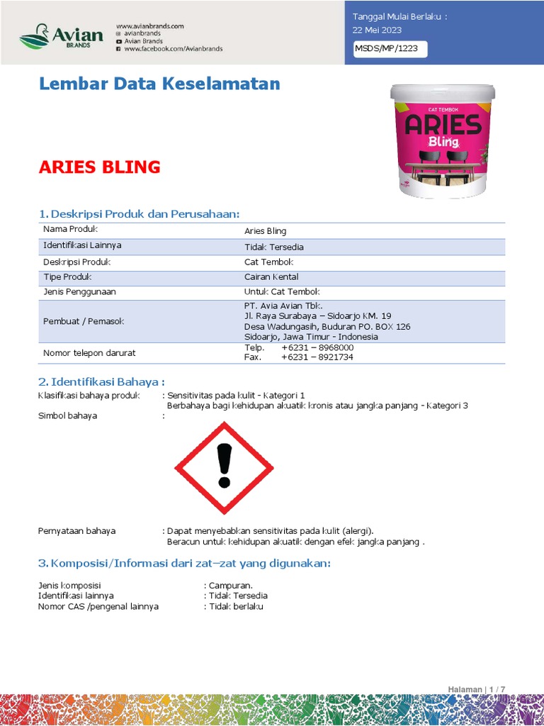 Lembar Data Keselamatan Aries Bling | PDF