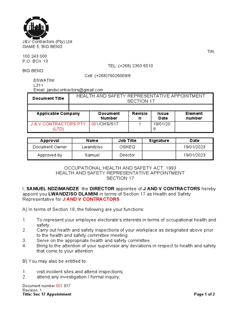Health & Safety Rep Appointment | PDF | Law
