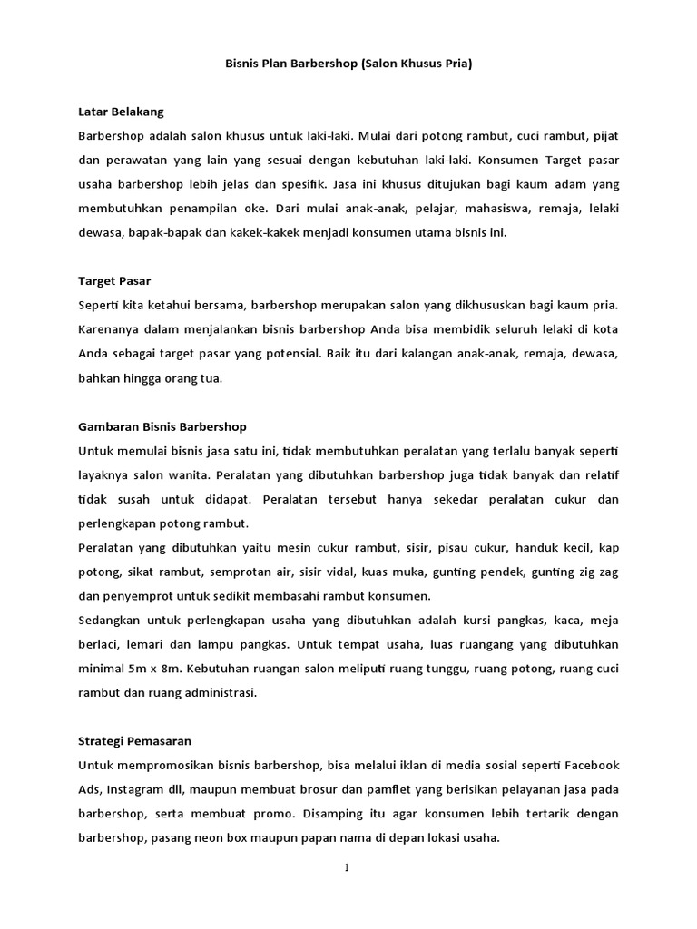 Bisnis Plan Barbershop Salon Khusus Pria | PDF
